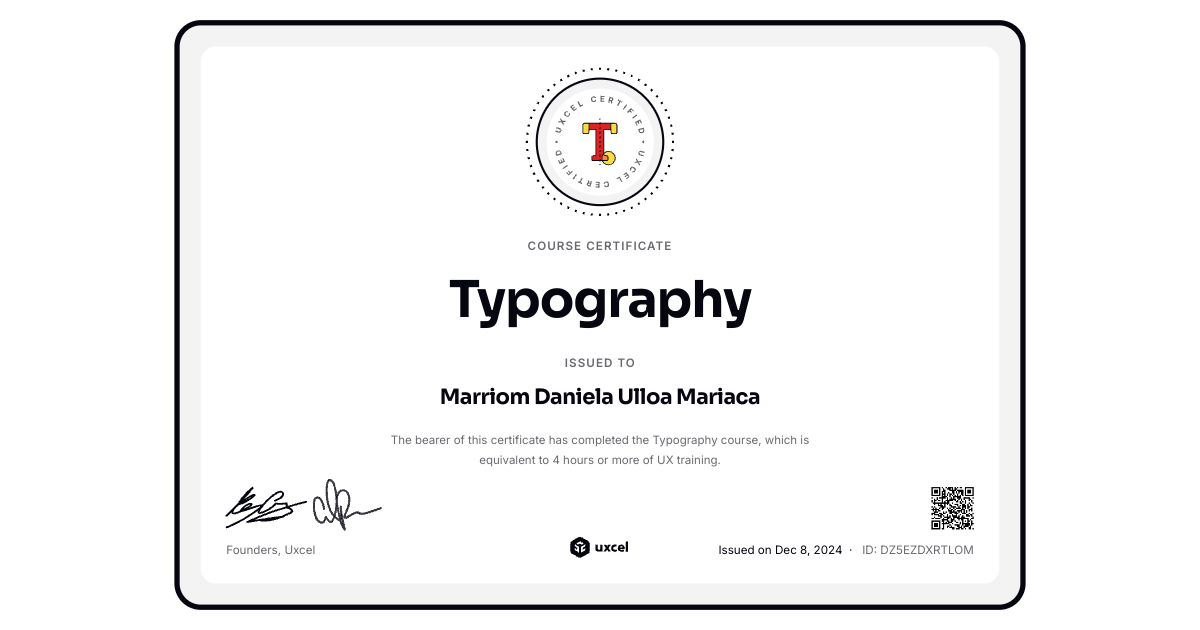 Certificate of completion for Typography | Uxcel